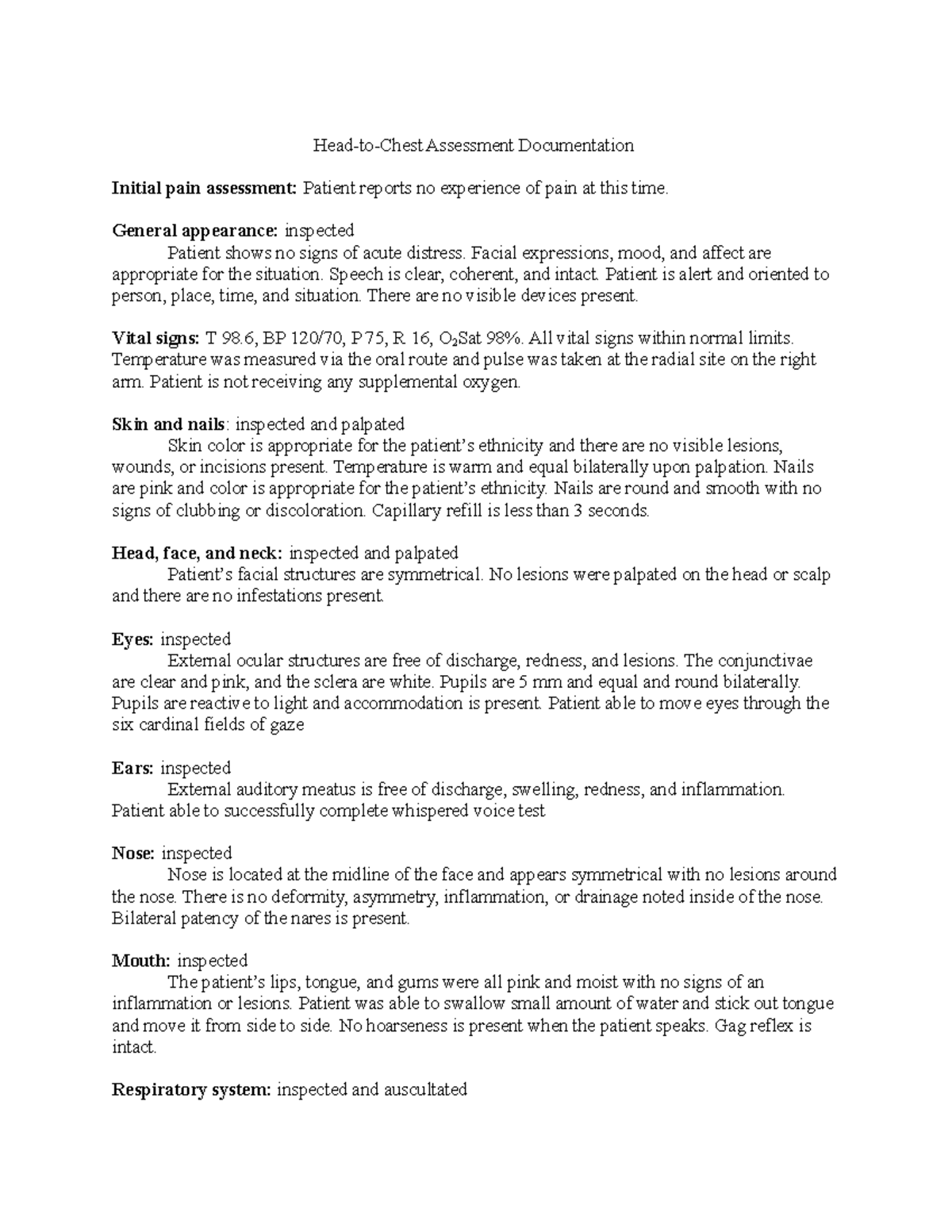 NR 302 Head-to-Toe Assessment Example-1 - Head-to-Chest Assessment ...