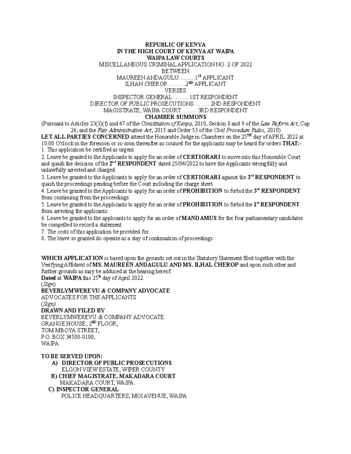 Chamber summons - displays how one should place orders of judicial ...