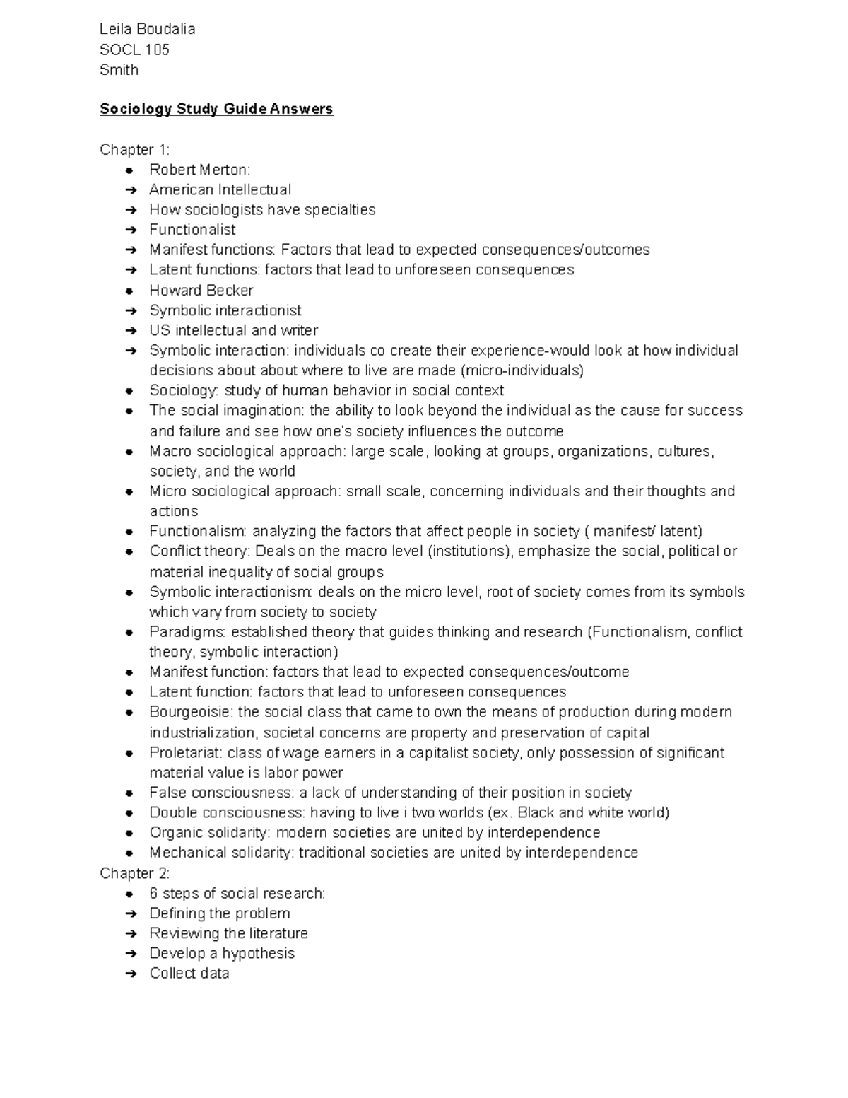 Sociolgy Study Guide 1 - Lecture notes 1-9 - Leila Boudalia SOCL 105 ...