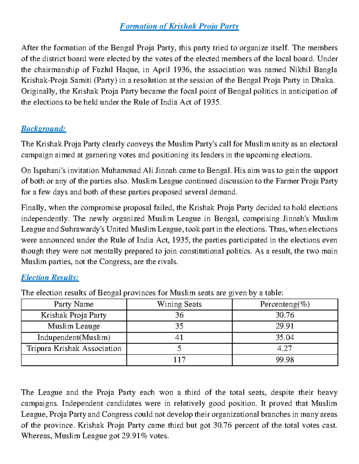 Proja Coalition : Background Activities - Formation of Krishak Proja ...