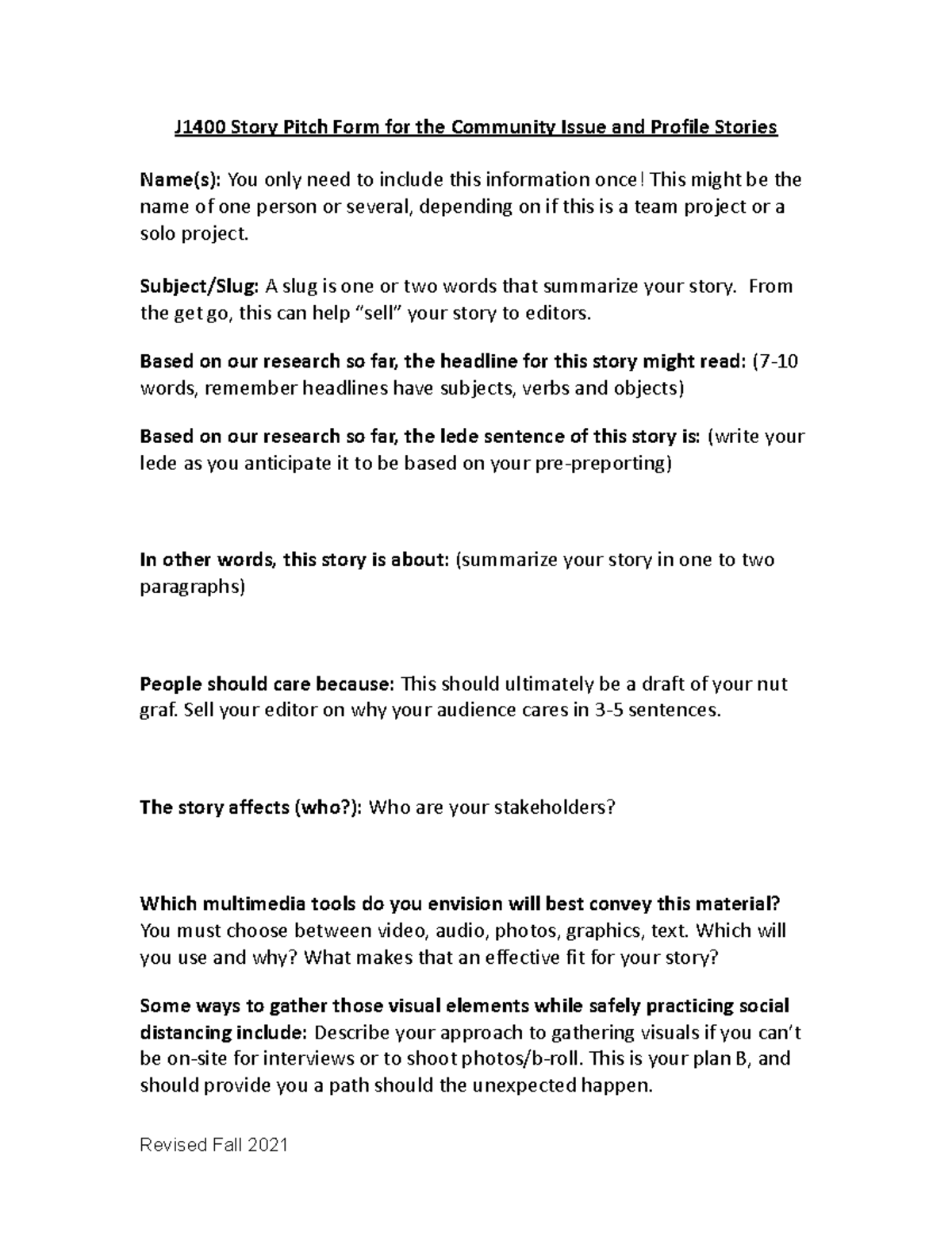 F21 J1400 Story Pitch Form for the Community Issue and Profile Stories ...