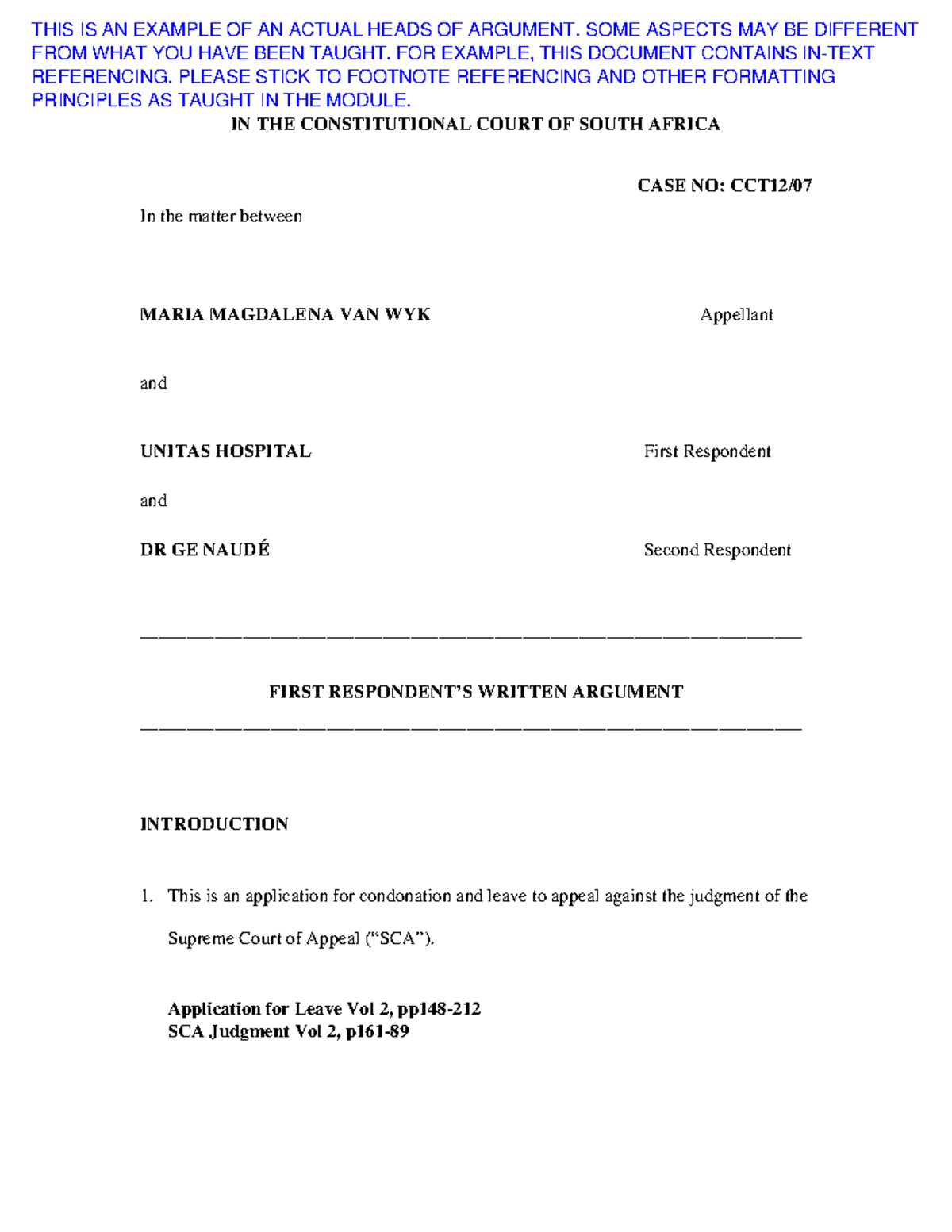 Example - Heads of Argument - IN THE CONSTITUTIONAL COURT OF SOUTH ...