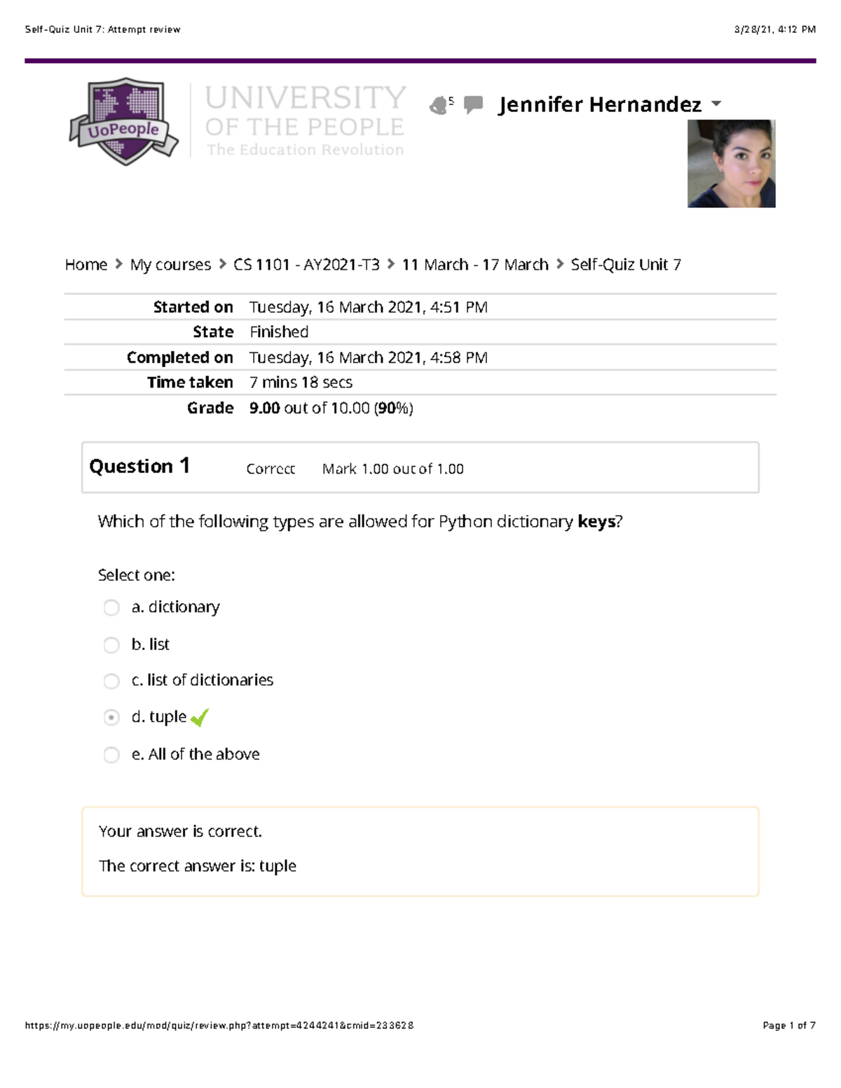 Self-Quiz Unit 7: Attempt review for CS1101 - Started on Tuesday, 16 March 2021, 4:51 PM State ...