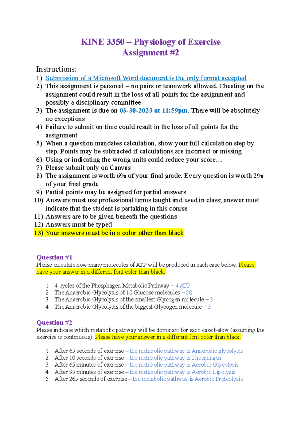 Assignment 2 - DONE - Homework - KINE 3350 – Physiology of Exercise ...
