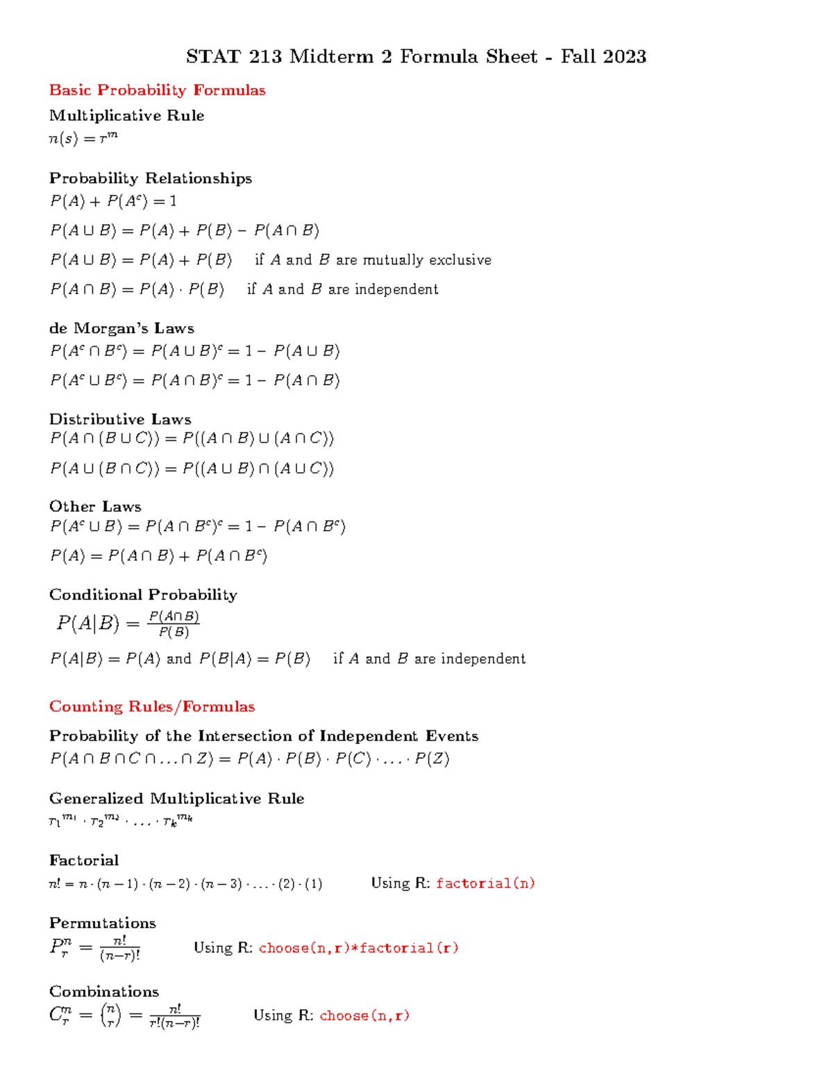 Formula Sheet (Midterm 2) - STAT 213 Midterm 2 Formula Sheet - Fall 2023 Basic Probability ...
