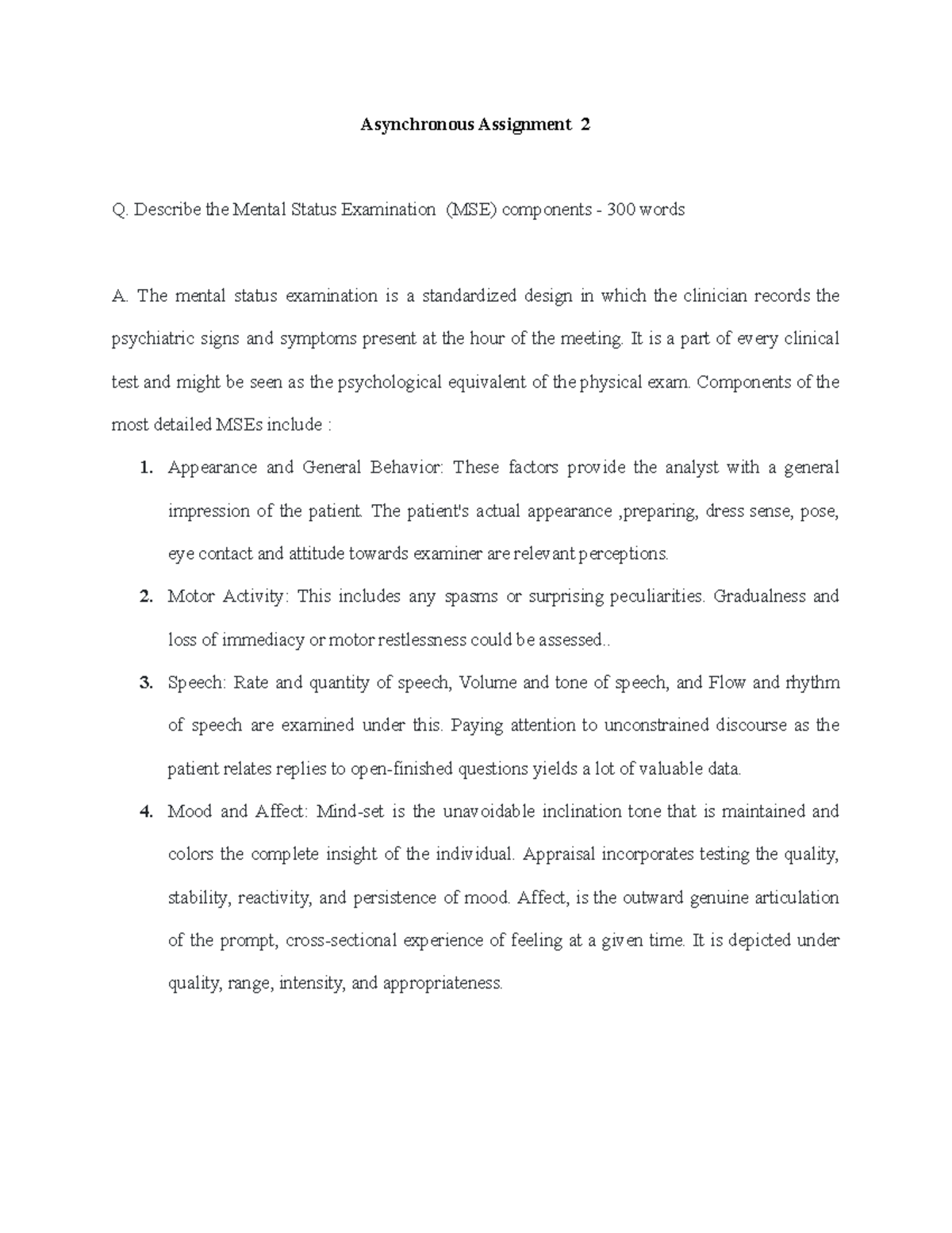 Mental Status Examination (MSE) components - Asynchronous Assignment 2 ...