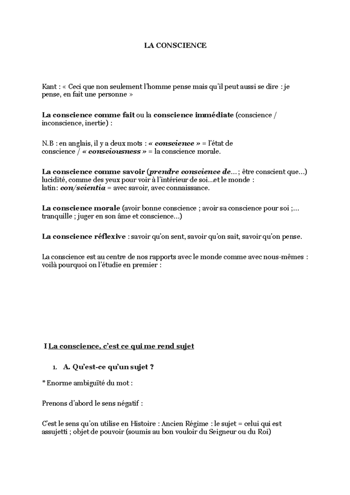 La conscience philosophie - LA CONSCIENCE Kant : « Ceci que non ...