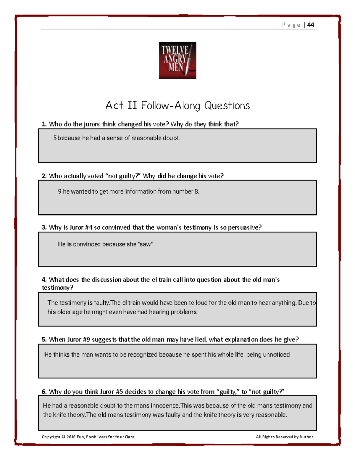 12 Angry Men Act II Questions - P a g e | 44 Copyright © 2016 Fun ...