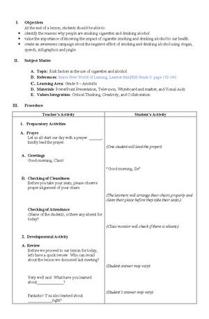 Lesson Plan in Mapeh 8 - Department of Education Region III Division of Pampanga Pampanga ...