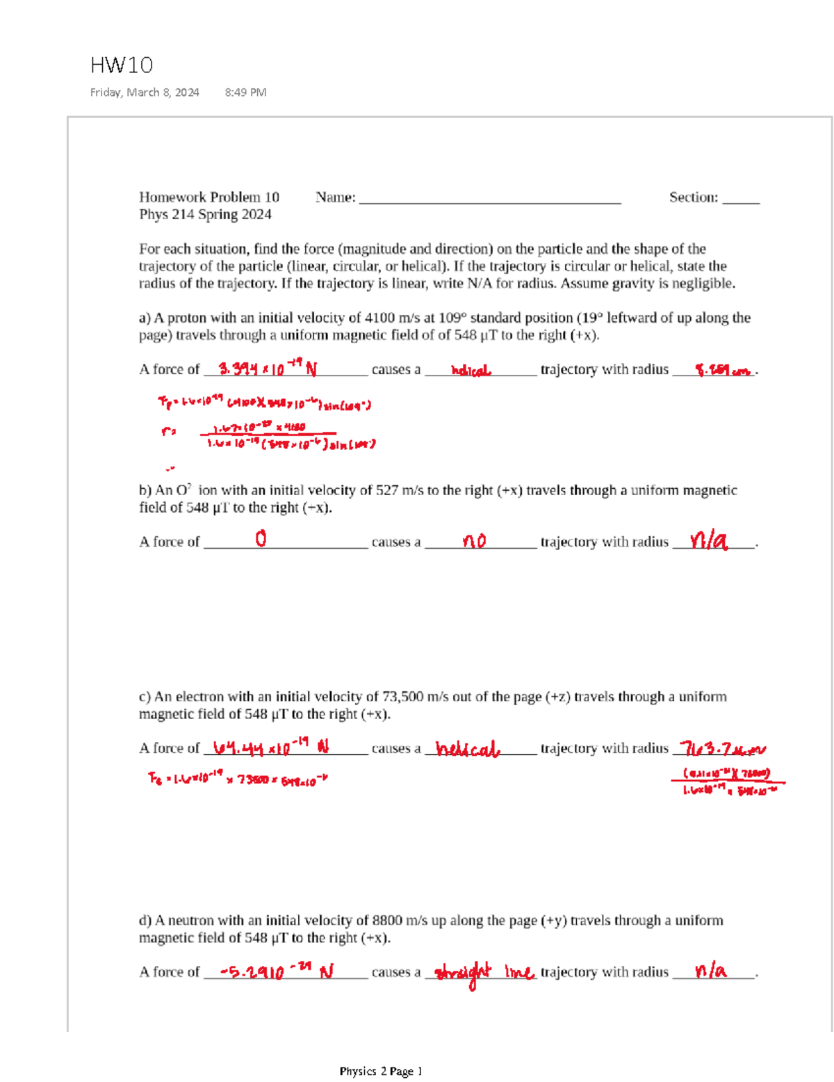 HW10 answer - Homework assignment - Phys 214 - HW Friday, March 8, 2024 8:49 PM Physics 2 Page 1 ...