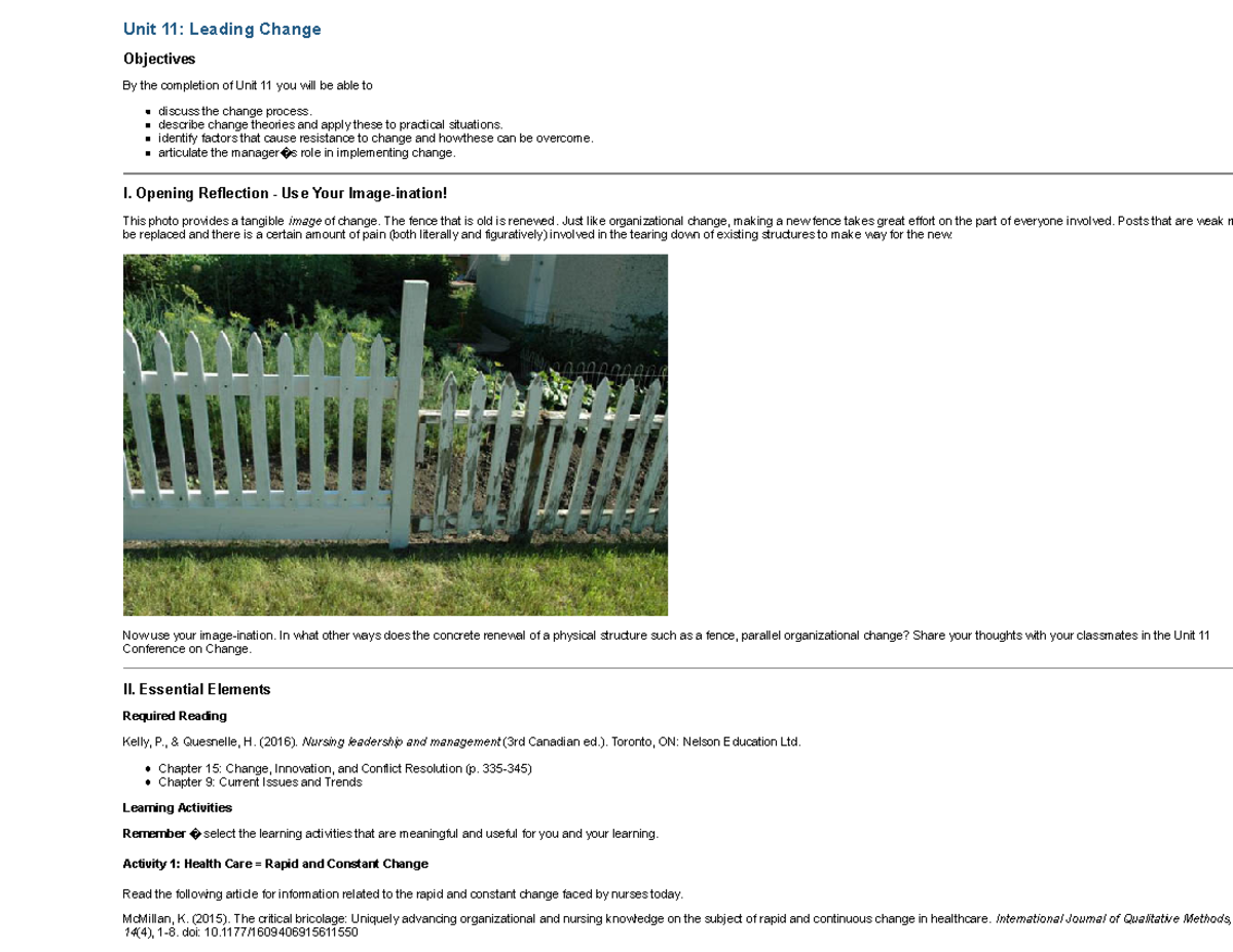 Unit 11 - Leading Change - Unit 11: Leading Change Objectives By the ...