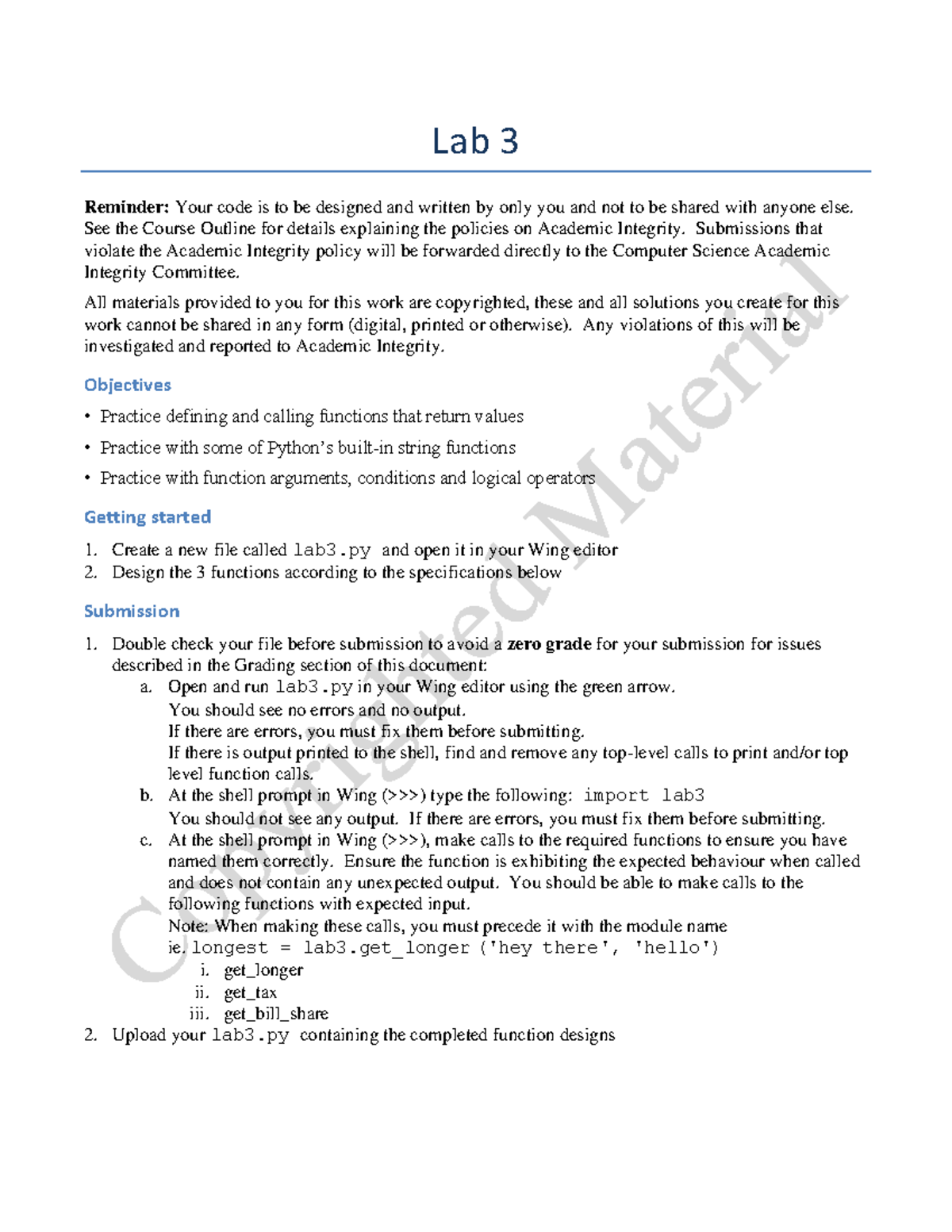 Lab3 - Past lab and assignments - Lab 3 Reminder: Your code is to be designed and written by ...