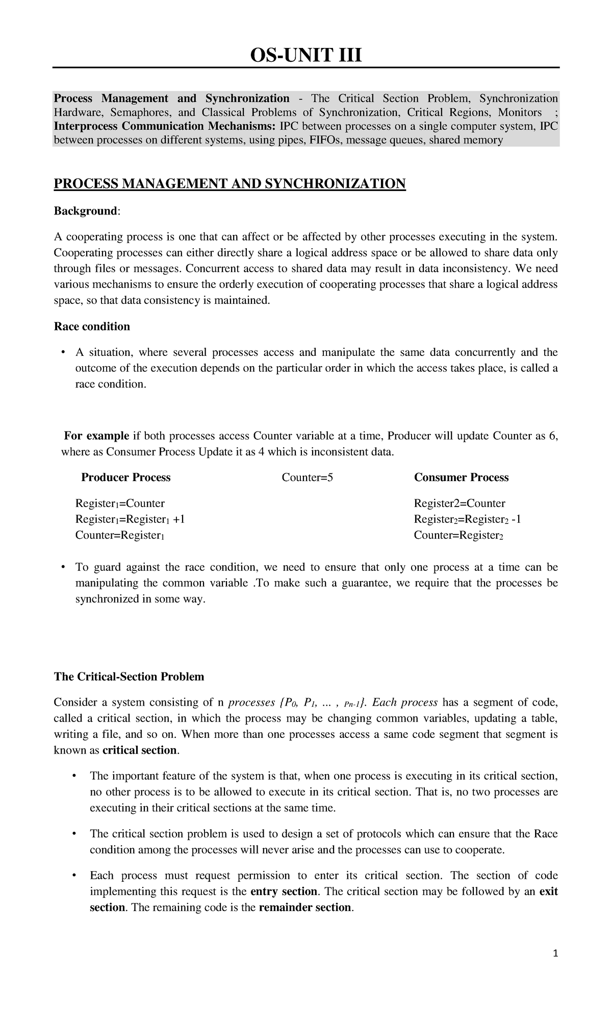 OS-UNIT-III - Summary Computer science - OS-UNIT III Process Management and Synchronization ...