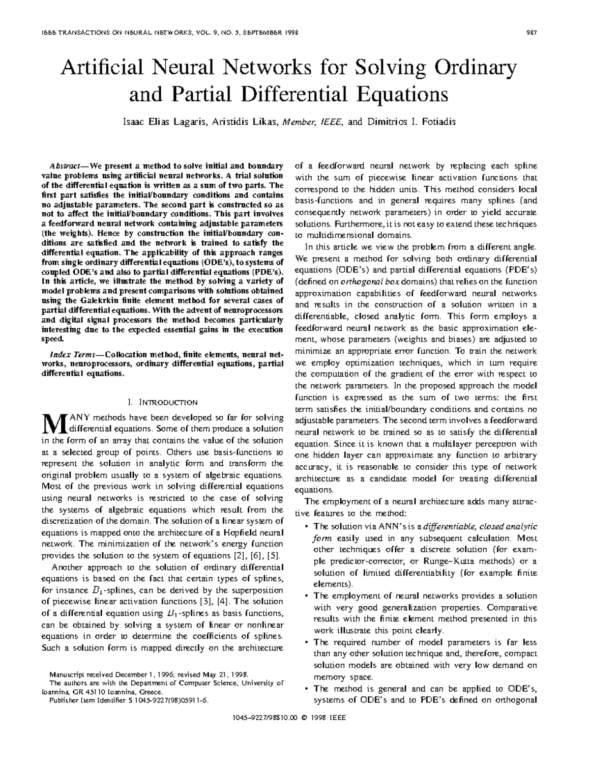 Artificial Neural Networks For Solving Ordinary And Partial Differential Equations - Neural ...