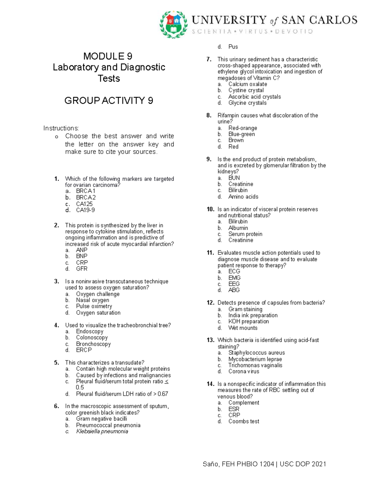 Phbio 1204 Group Activity 9 - MODULE 9 Laboratory and Diagnostic Tests ...