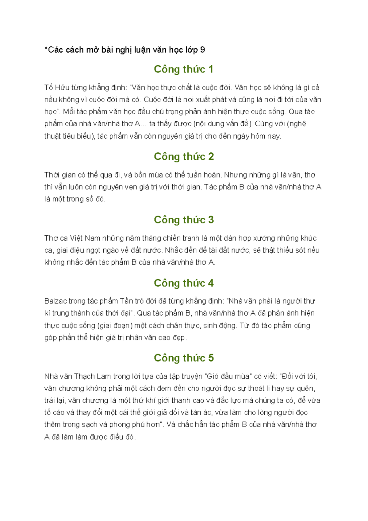 Cách MB NLVH lớp 9 - FEWOIJFE - *Các cách mở bài nghị luận văn học lớp 9 Công thức 1 Tố Hữu từng ...