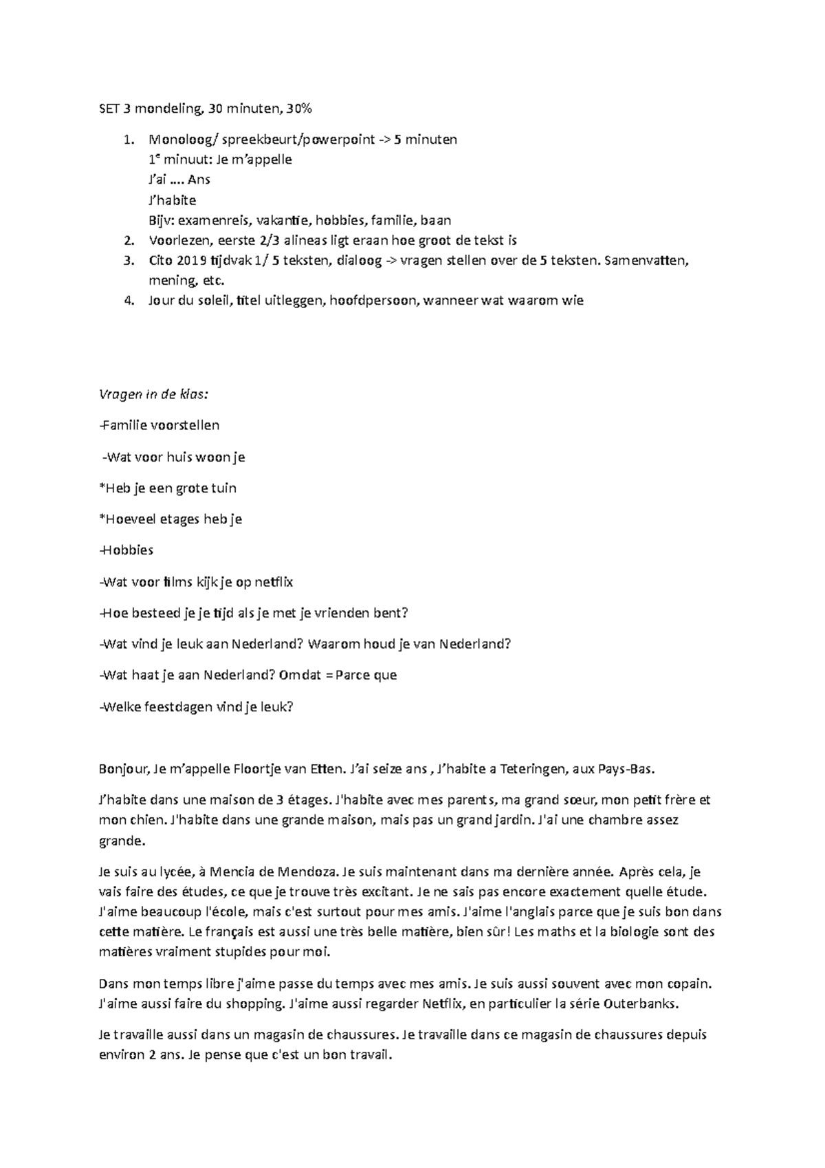 Mondeling frans - all - SET 3 mondeling, 30 minuten, 30% Monoloog ...