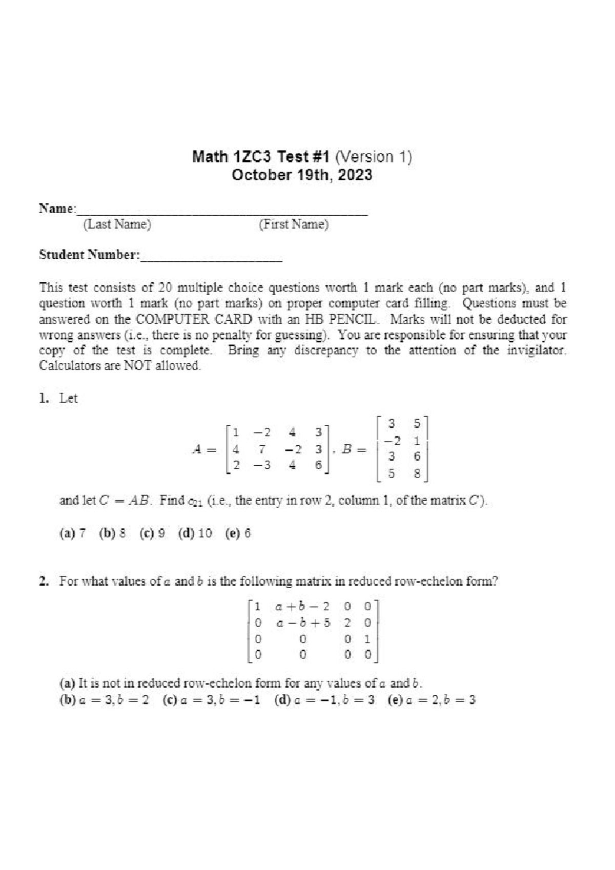 2023 Test Version 1 - practice test - Math 1ZC3 Test (Version 1 ...