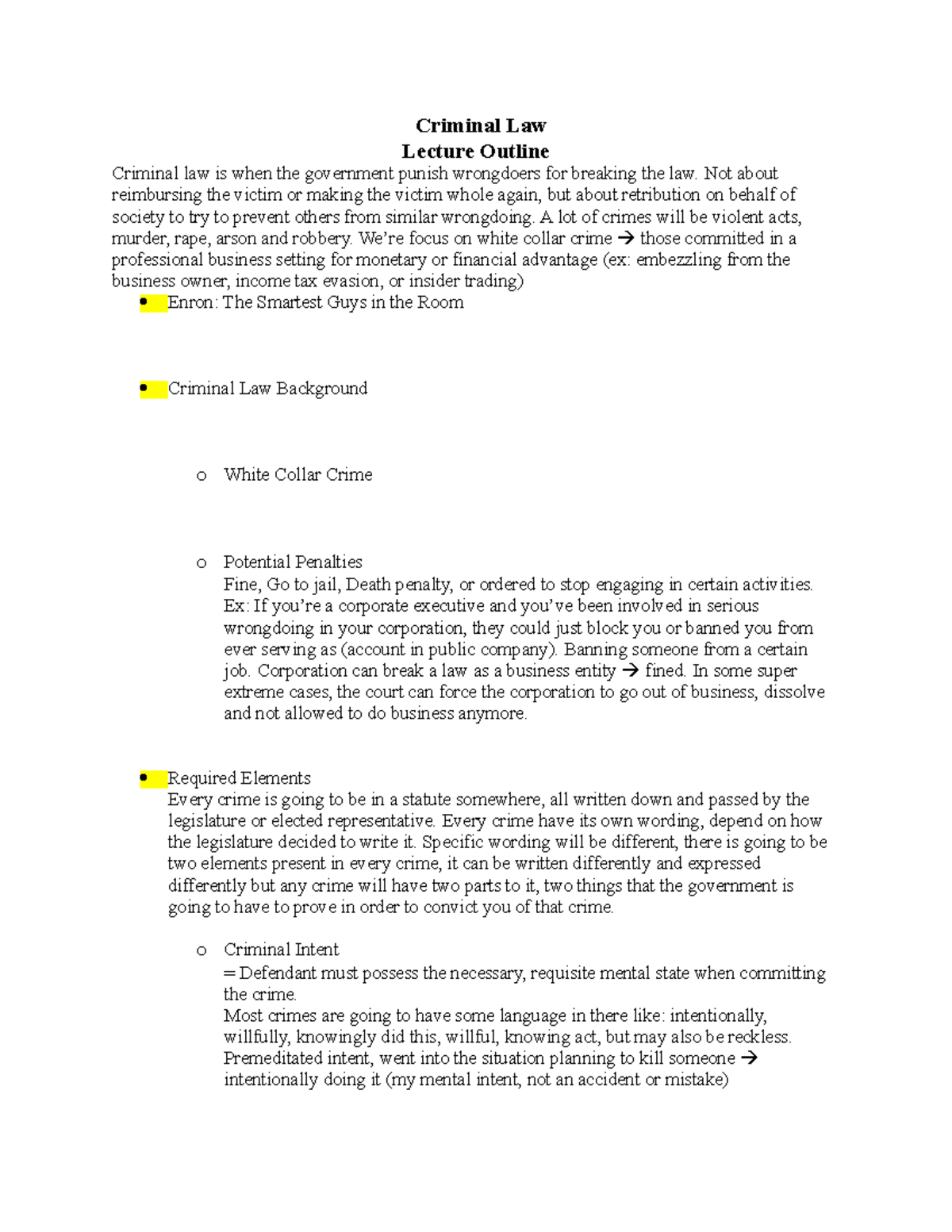 Criminal Law Lecture Outline - Criminal Law Lecture Outline Criminal ...