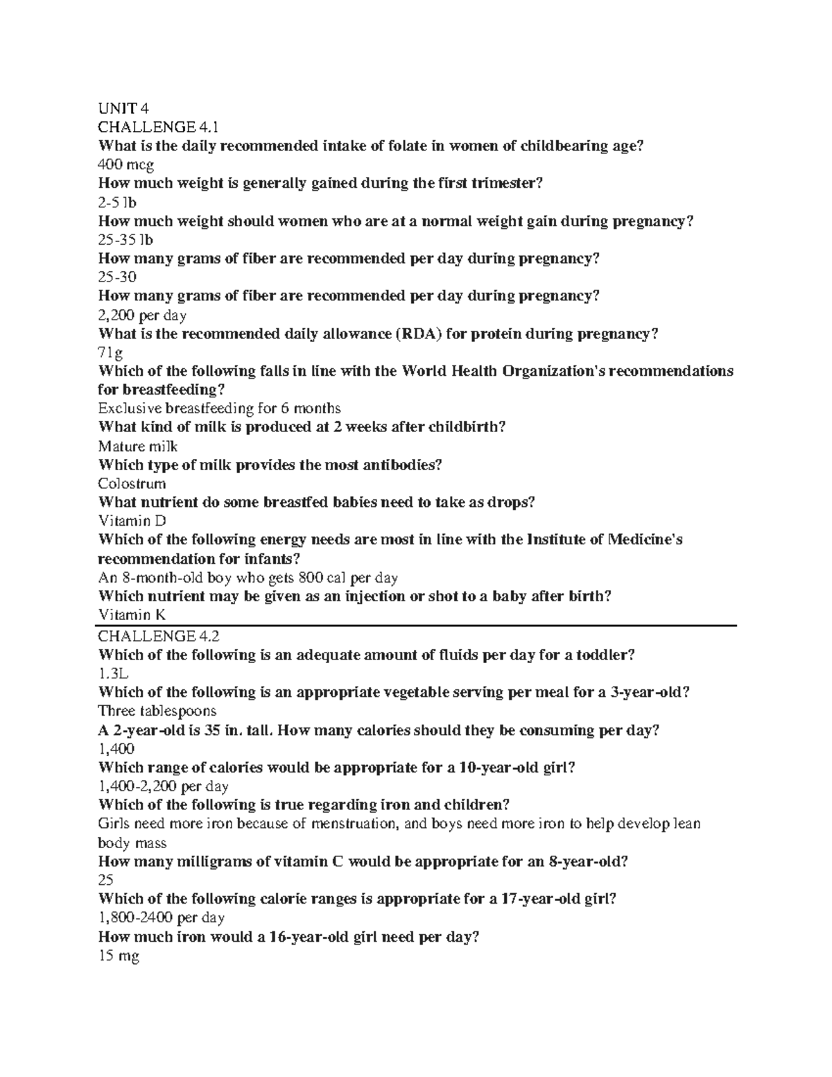 Nutrition UNT 4 - Unit 4 notes - UNIT 4 CHALLENGE 4. What is the daily ...