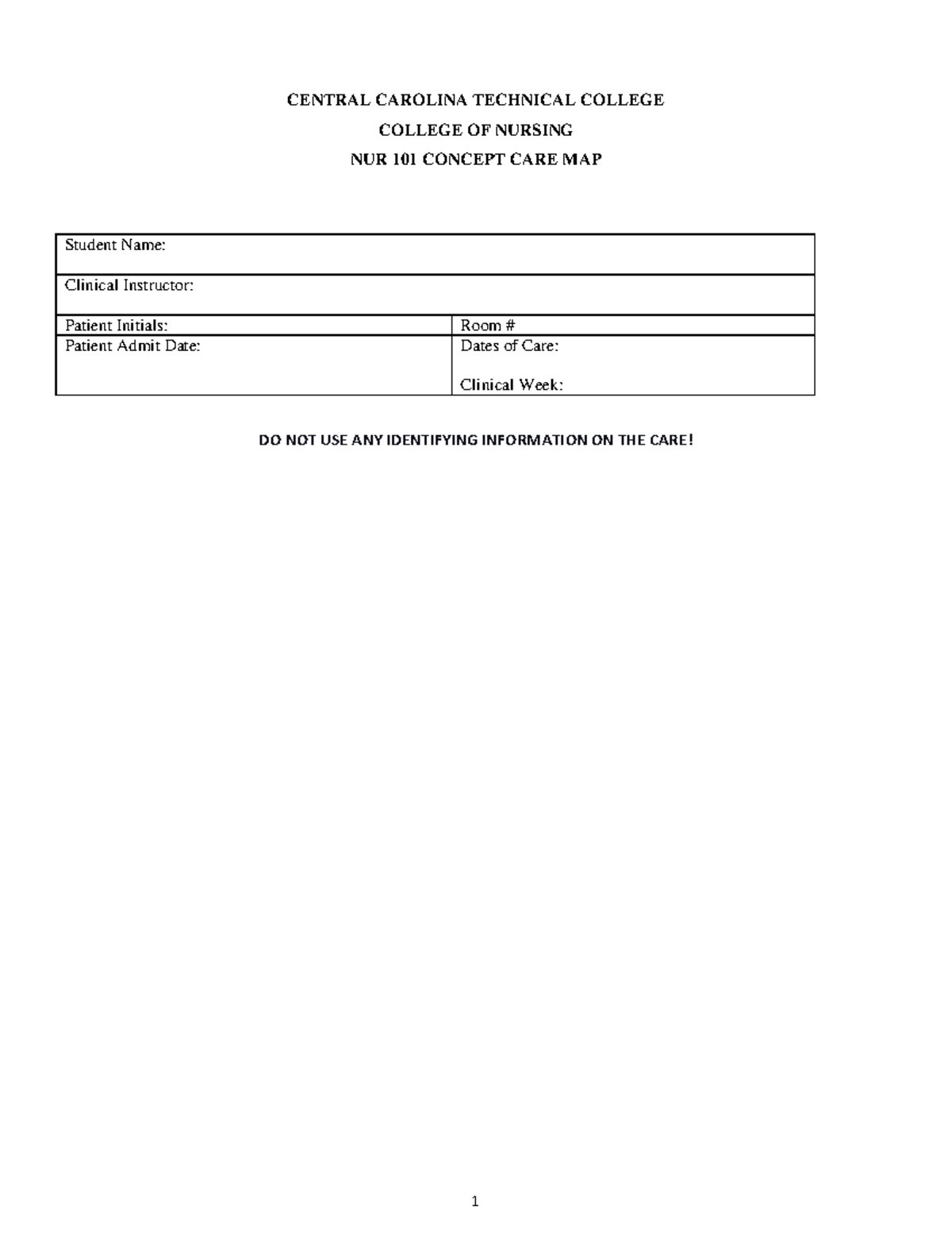 Concept Map NUR 101 - helps with clinical work - CENTRAL CAROLINA ...