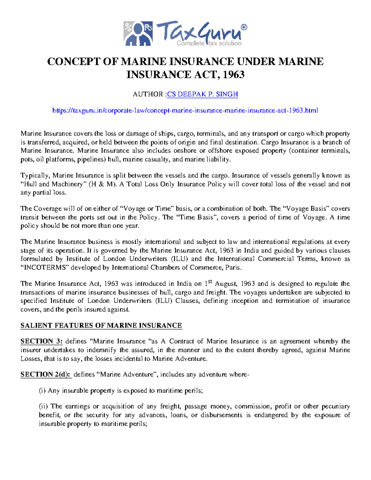 Concept of Marine Insurance under Marine Insurance Act, 1963- taxguru ...