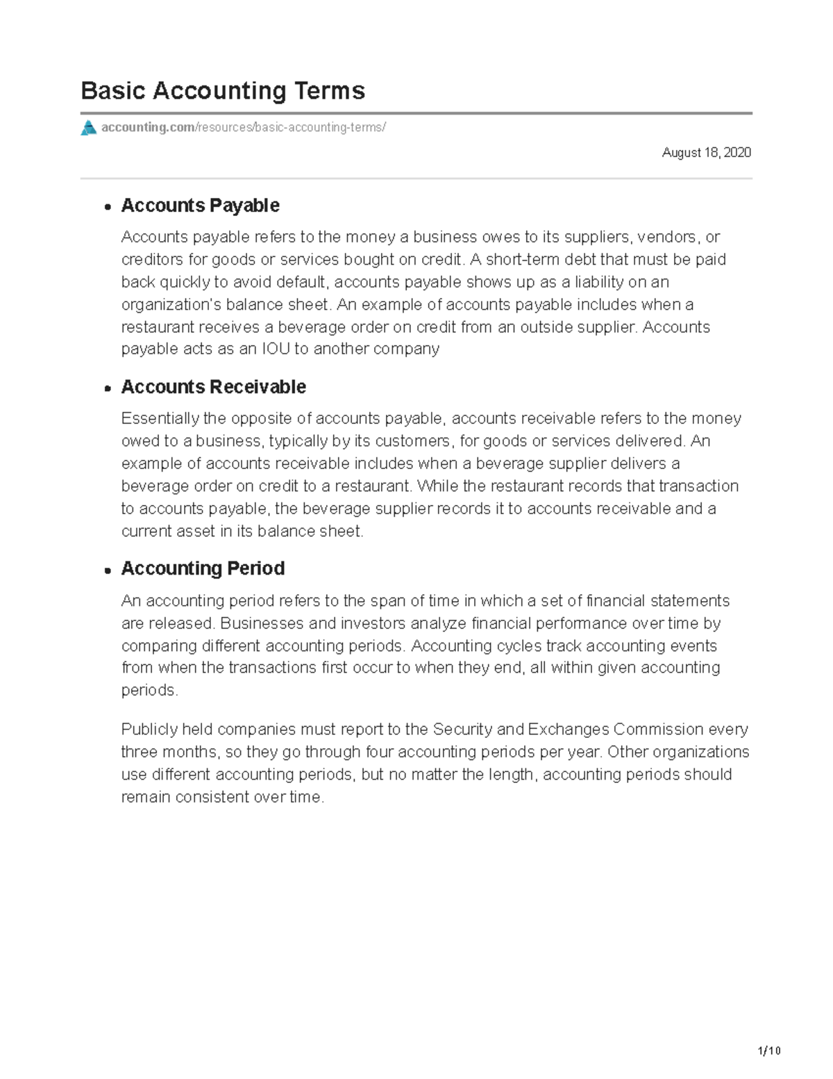 Accounting 101 - Basic Accounting Terms - August 18, 2020 Basic ...
