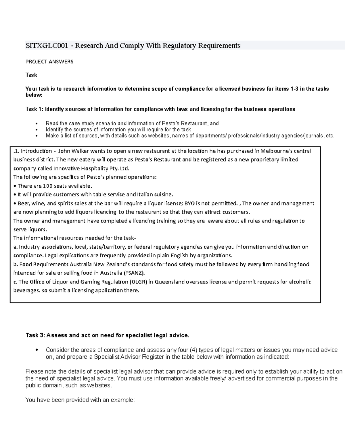 Sitxglc 001 Project Answers SITXGLC001 Research And Comply With sitxglc-001-project-answers-sitxglc001-research-and-comply-with