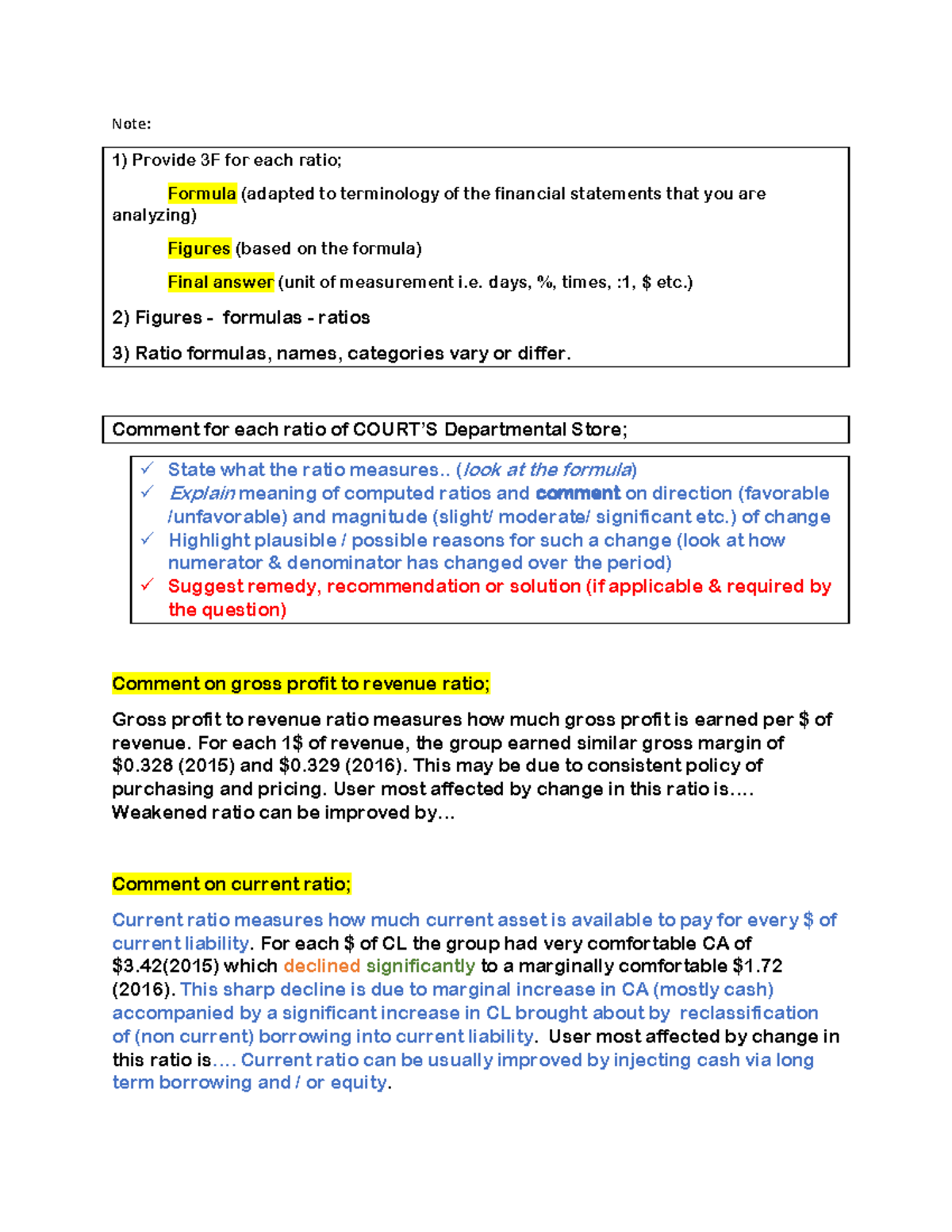 Comments structure for ratios Courts - Note: Provide 3F for each ratio ...