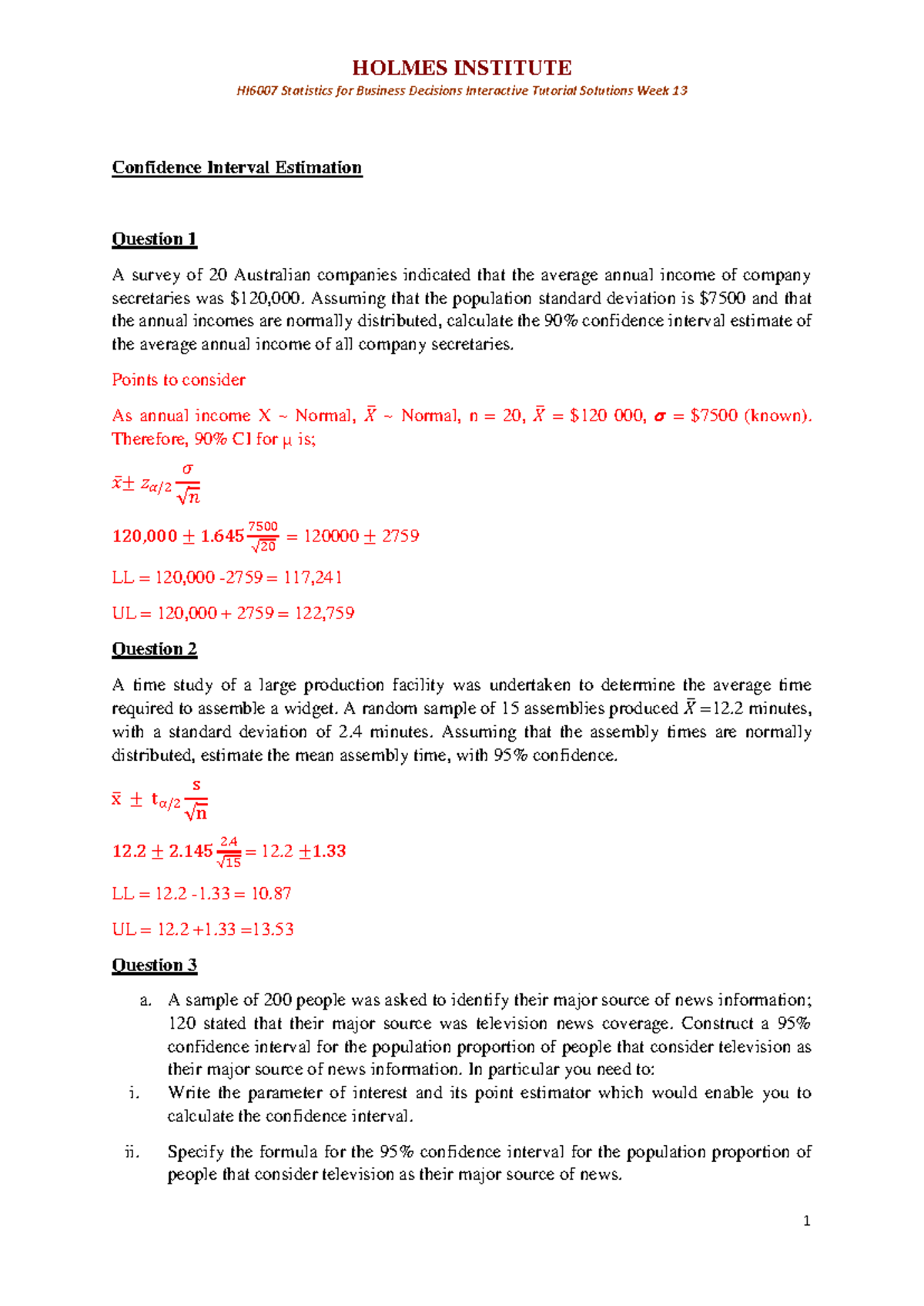 HI6007 Week 13 Revision Practice Questions Solutions - HI6007 Statistics for Business Decisions ...