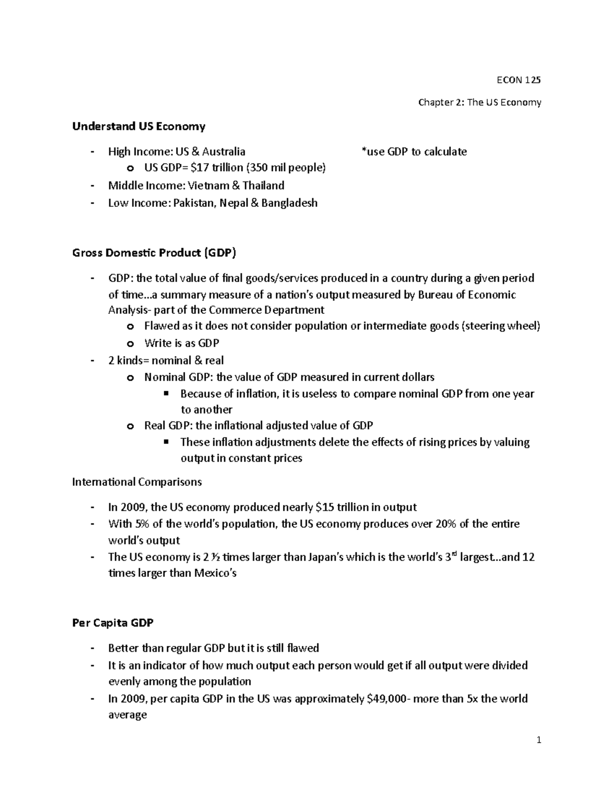 Ch 2- Lecture Notes - ECON 125 Chapter 2: The US Economy Understand US ...