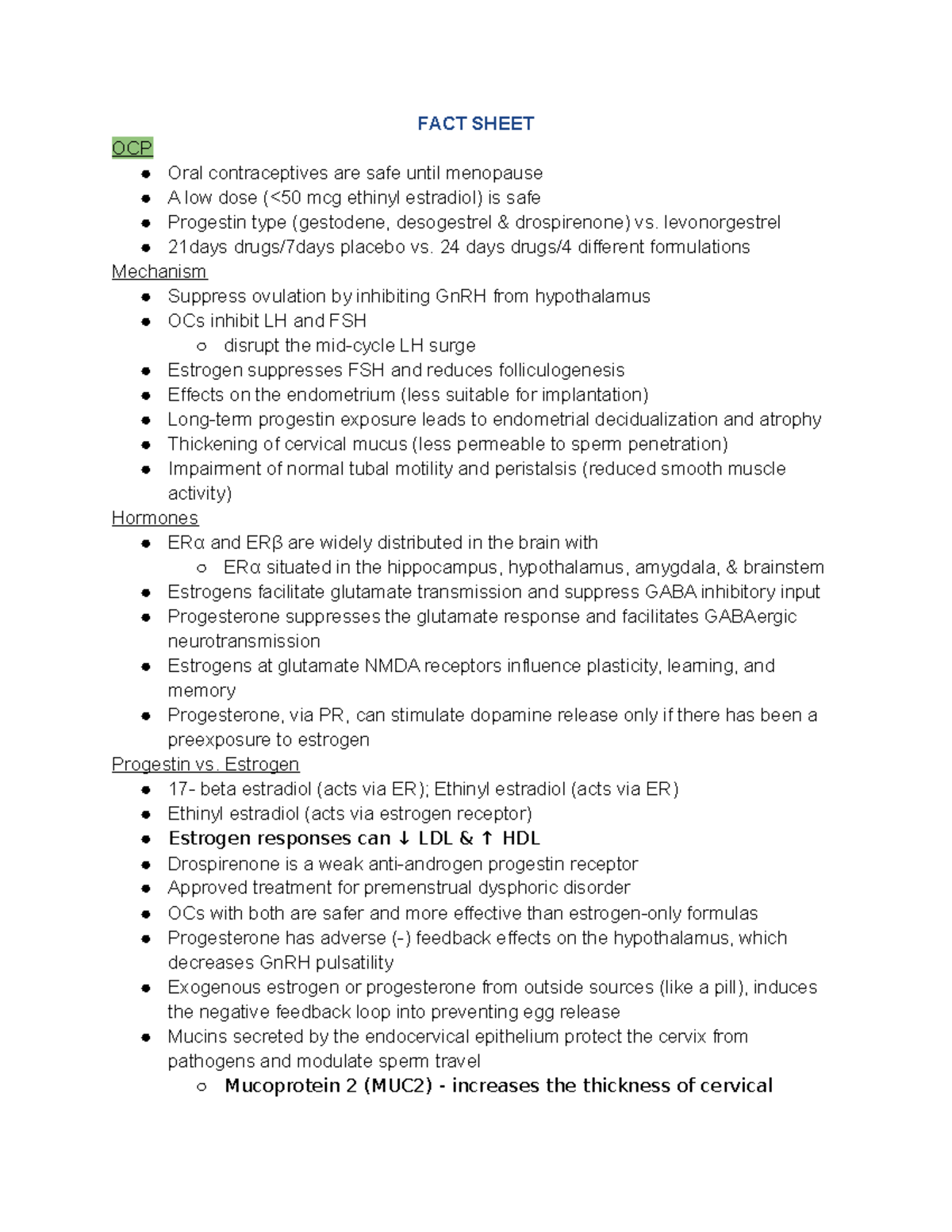 BIO 655 Birth Control Methods Fact Sheets - FACT SHEET OCP Oral ...
