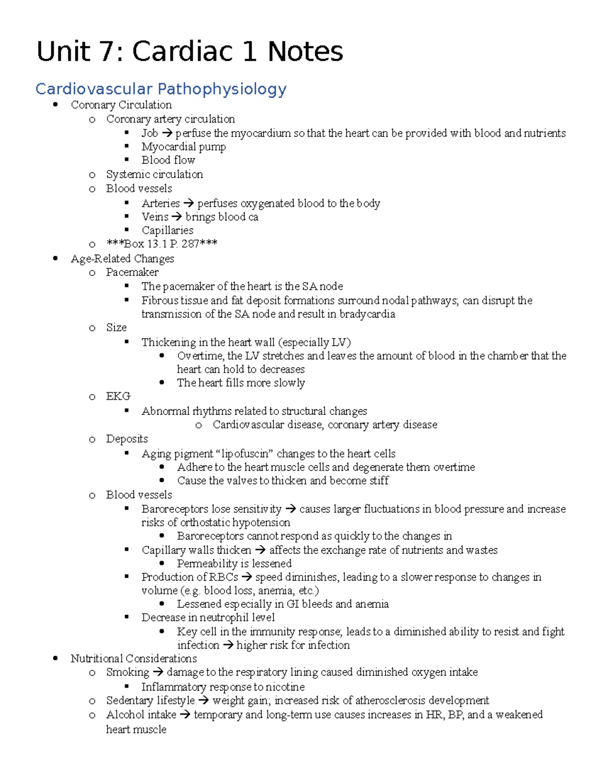 Unit 7 Cardiac I - Lecture notes 7 - NUR 406 - SFA - Studocu