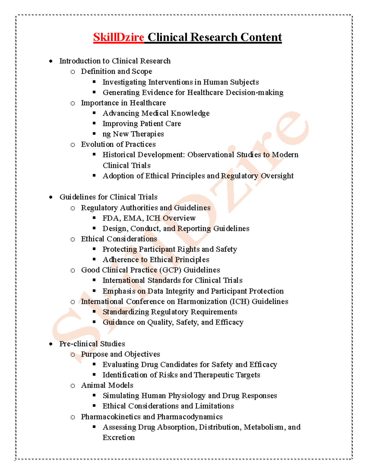 Skill Dzire Clinical Research Internship Content - SkillDzire Clinical ...