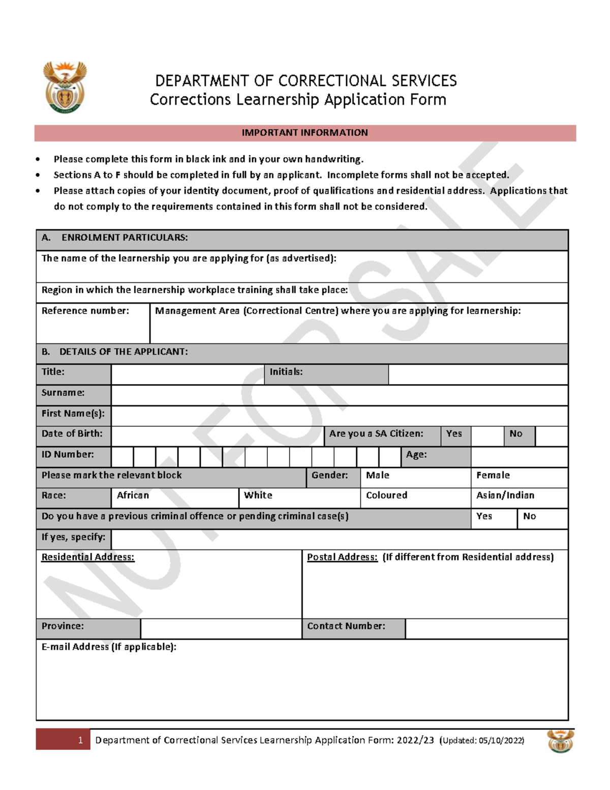 Corrections Learnership Application Form 20222023 - 1 Department of ...