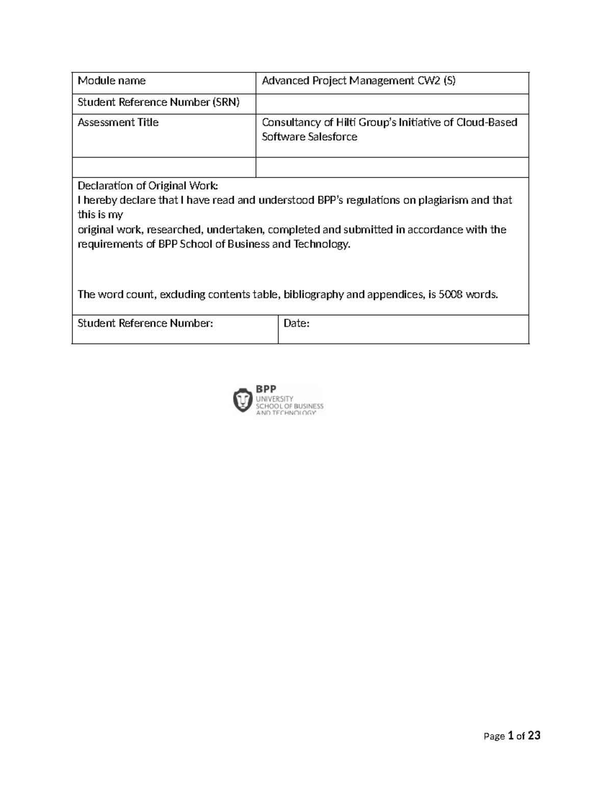 APM 1 5000 report - Module name Advanced Project Management CW2 (S ...