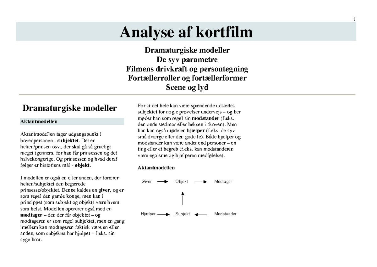 Analyse af kortfilm - Analyse af kortfilm Dramaturgiske modeller De syv parametre Filmens ...