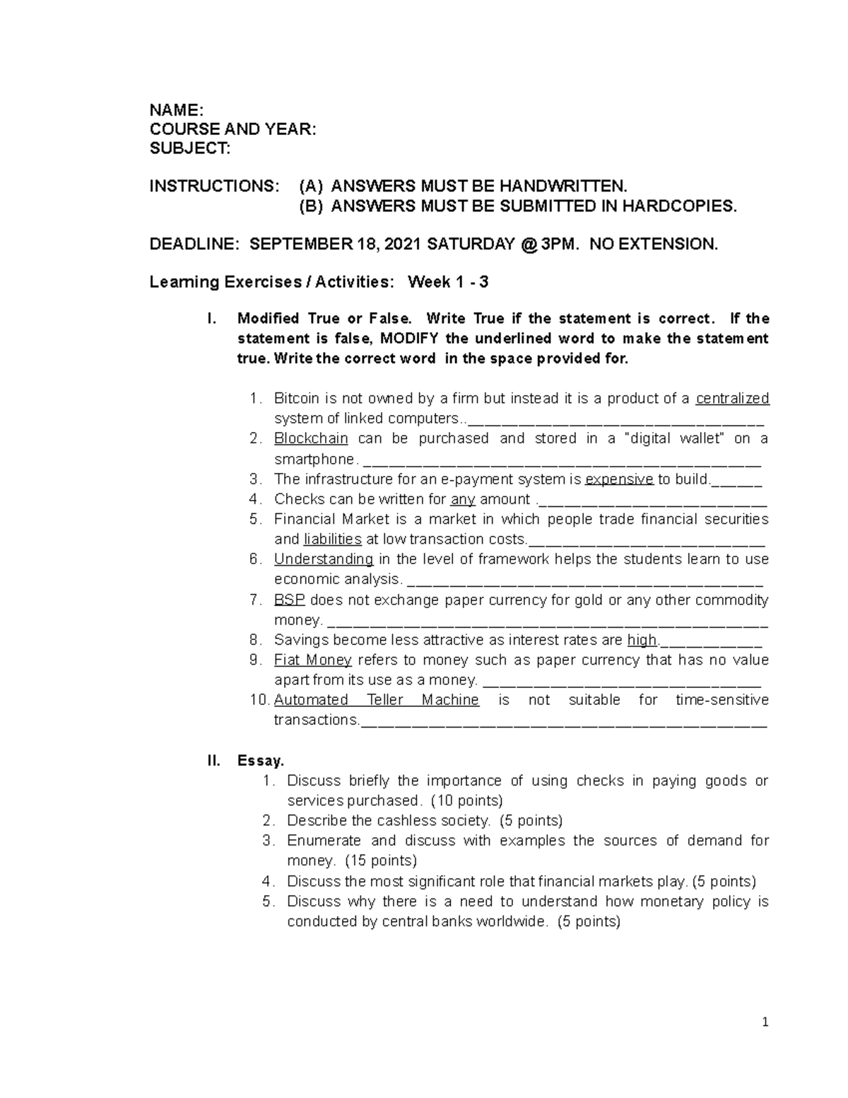 Learning Activity - WEEK 1 TO WEEK 3 - NAME: COURSE AND YEAR: SUBJECT ...