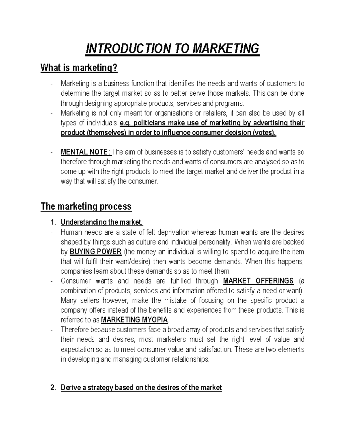 MKT Notes Entire Semester - INTRODUCTION TO MARKETING What is marketing ...