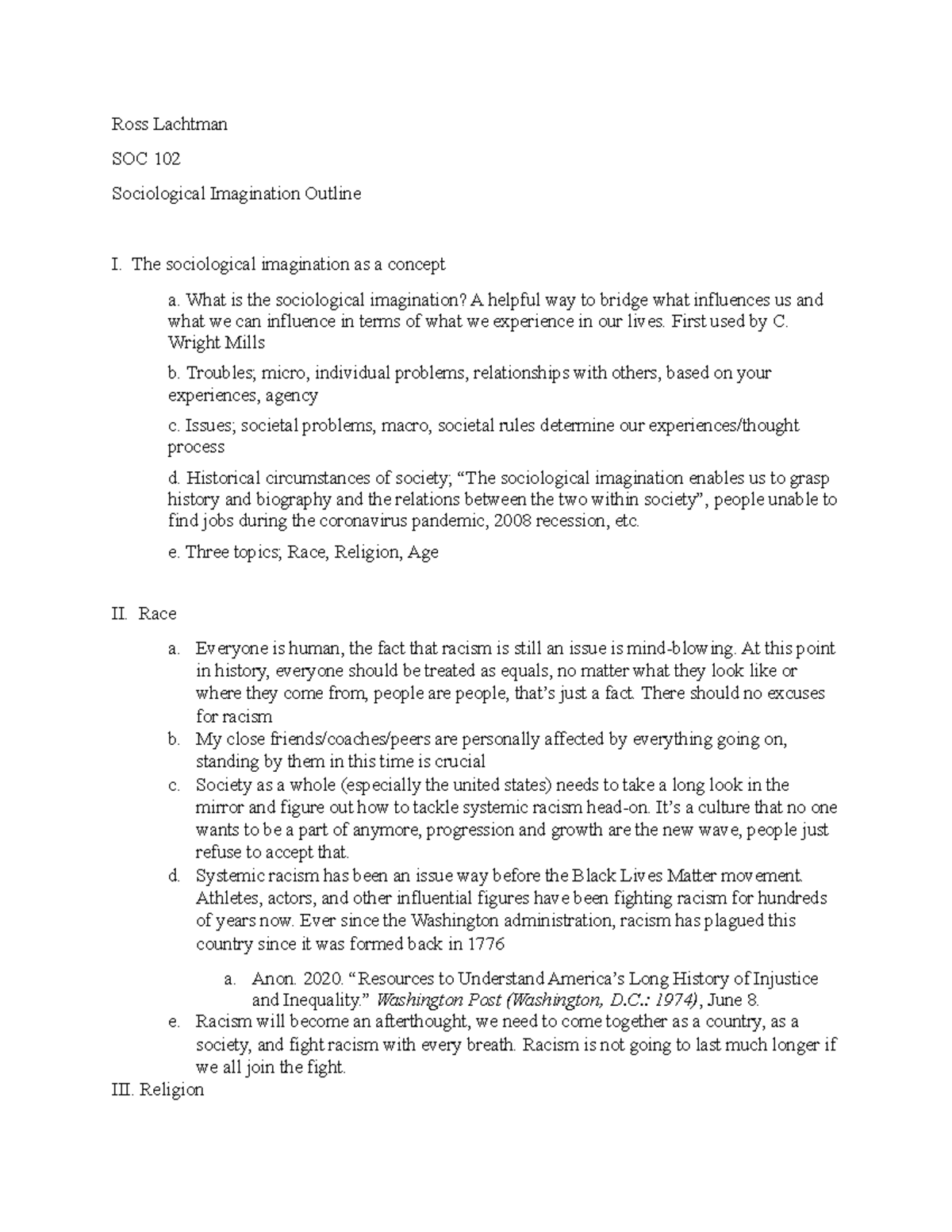 Sociological imagination outline - Ross Lachtman SOC 102 Sociological ...