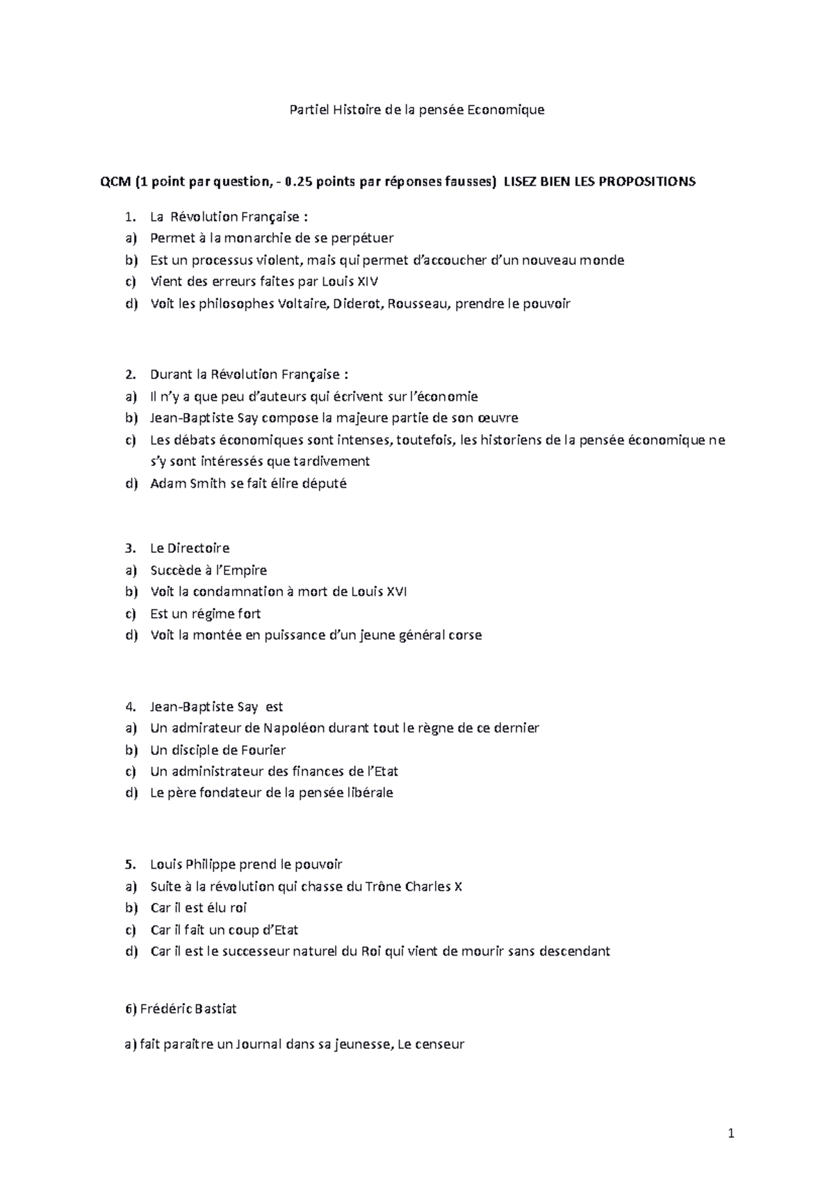 Partiel HPE 2022 - Partiel Histoire de la pensée Economique QCM (1 point par question, - 0 ...