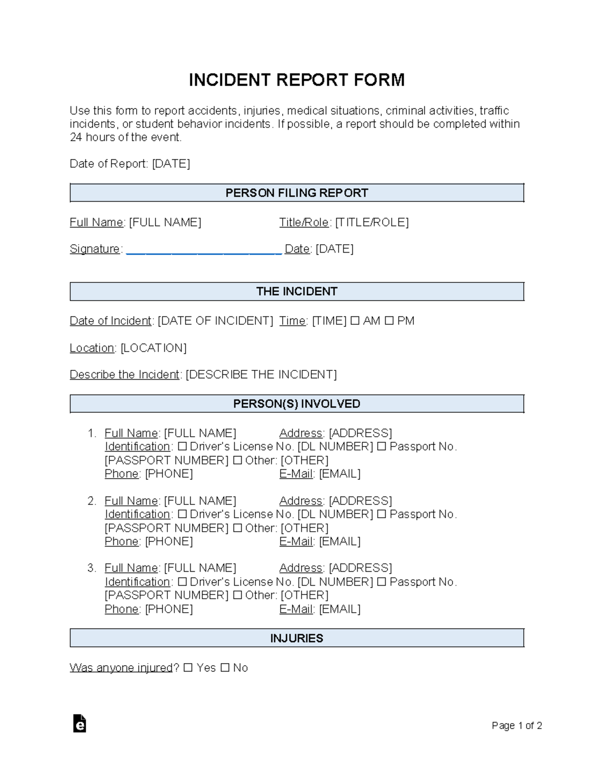 Incident-Report-Template - INCIDENT REPORT FORM Use this form to report ...