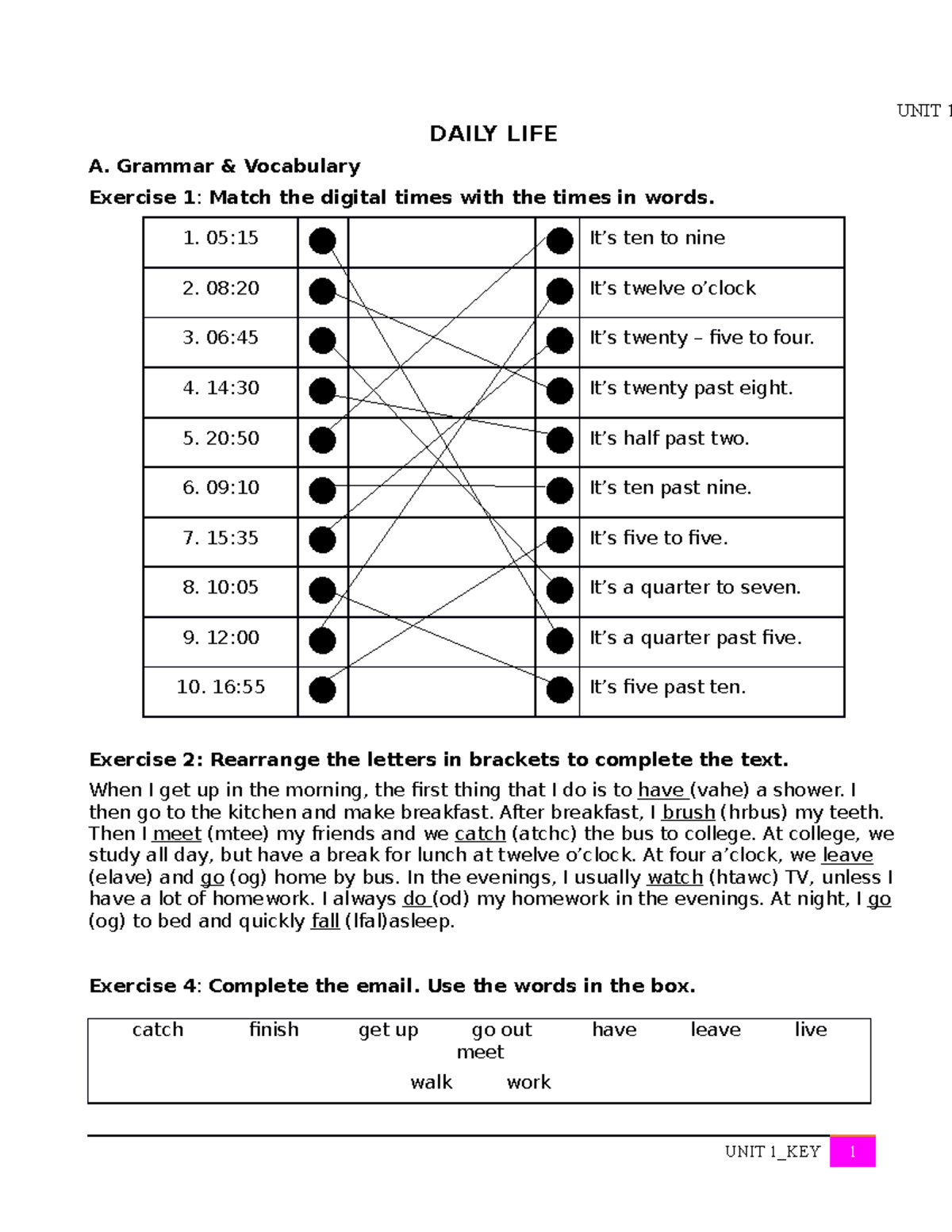 UNIT 1 KEY(edit) - Nag - UNIT 1 DAILY LIFE A. Grammar & Vocabulary ...