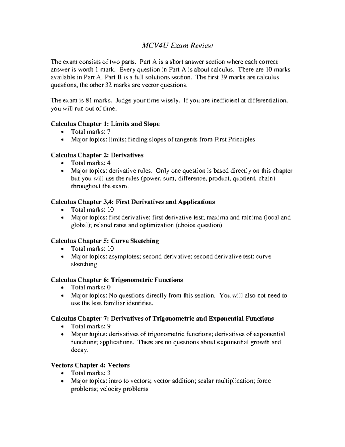 MCV4U Exam Review - ........ - MCV4U Exam Review The exam consists of ...