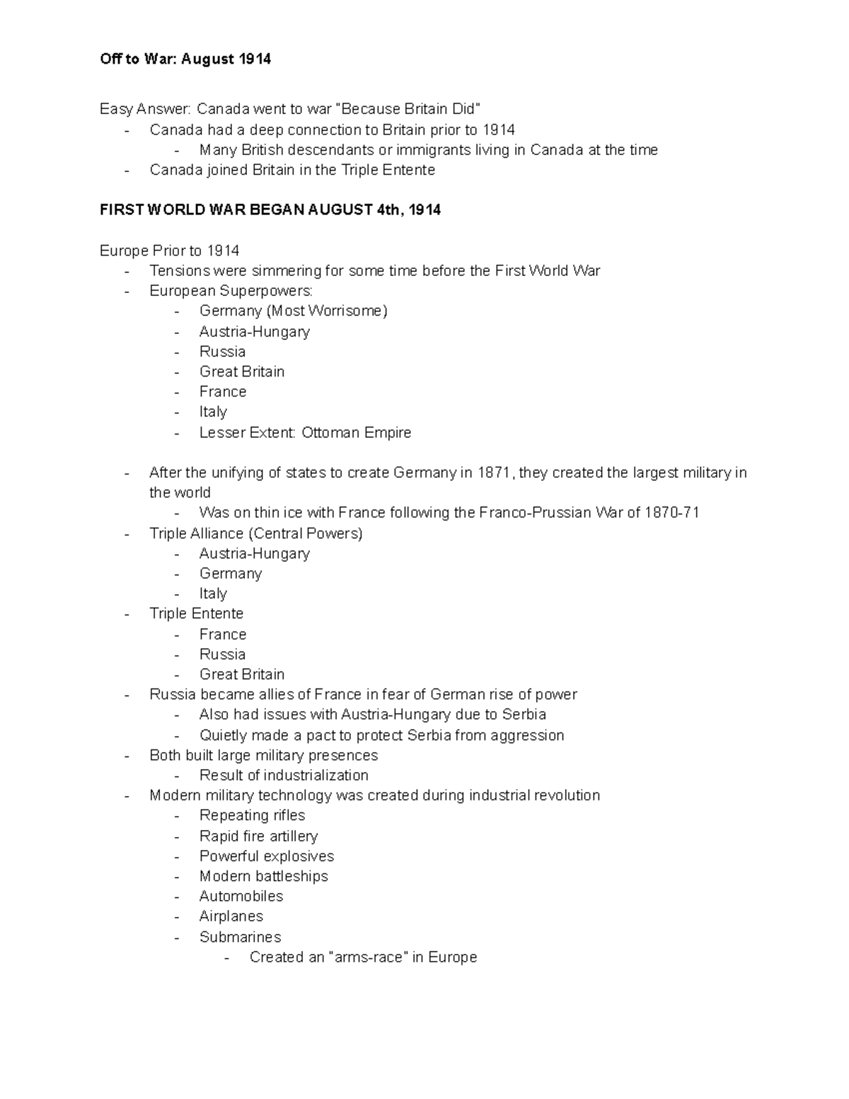HIST 3370 Unit 2 Notes - Off to War: August 1914 Easy Answer: Canada ...
