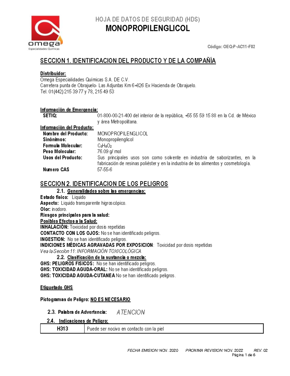 Monopropilenglico - HDS - HOJA DE DATOS DE SEGURIDAD (HDS ...