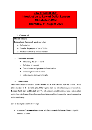 Delict - 1. INTRODUCTION. In South African law, the law of delict plays ...
