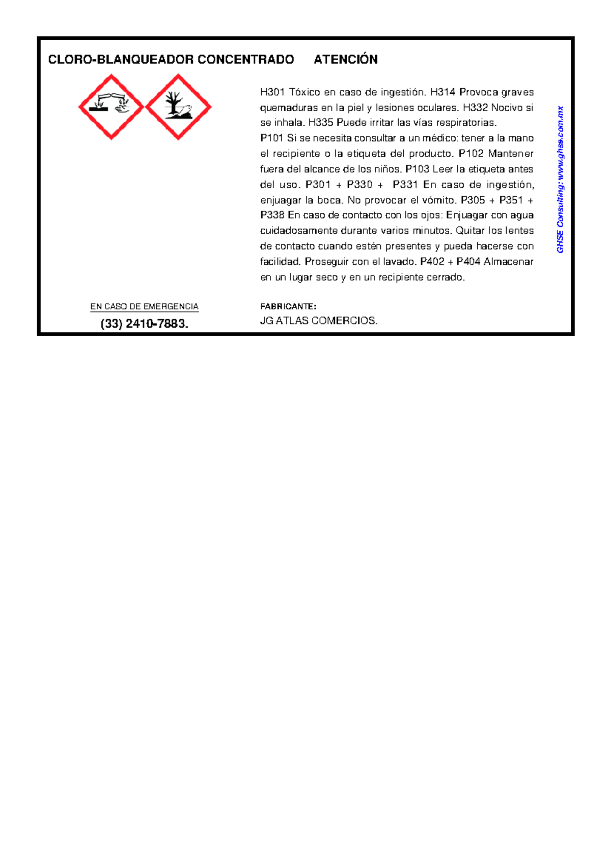 Etiqueta Cloro - CLORO-BLANQUEADOR CONCENTRADO ATENCIÓN H301 Tóxico en ...