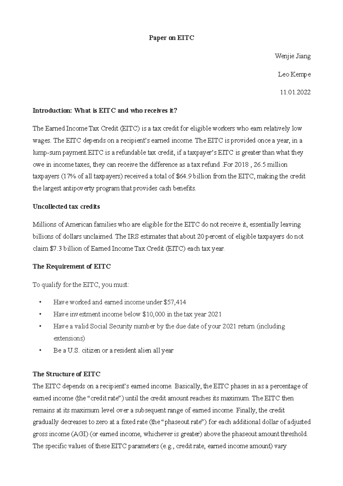 Paper on Earned Income Tax Credit - Paper on EITC Wenjie Jiang Leo ...