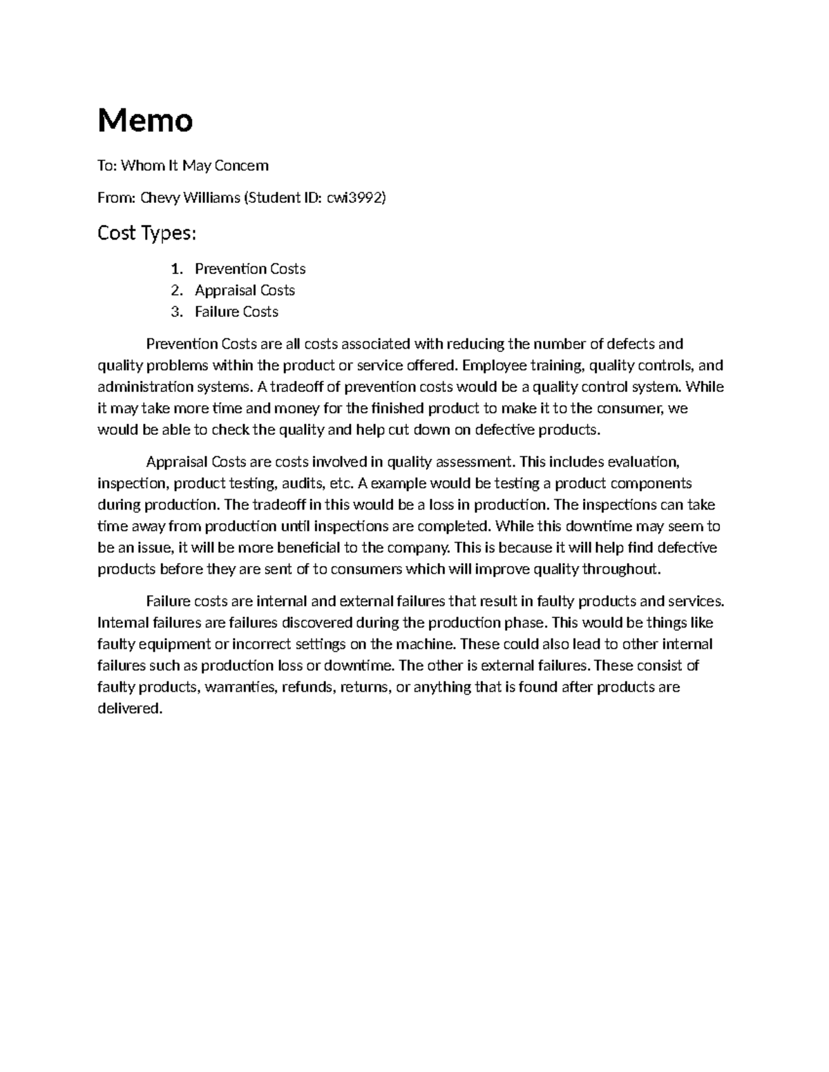 Business Management Task 1 - Memo To: Whom It May Concern From: Chevy ...
